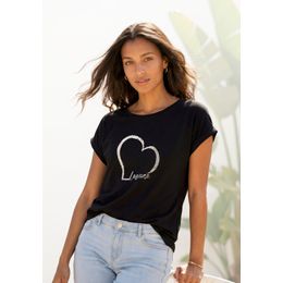 Kurzarmshirt Lascana "mit Lascana Herz Print", Damen, Gr. 32/34, schwarz, Single Jersey, Obermaterial: 95% Viskose (Birla&trade;), 5% Elasthan, bedruckt, figurumspielend normal, Rundhals, angeschnitten Umschlagsaum, Shirts, Sommershirt aus luftigem Viskose-Stretch, Topseller