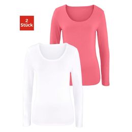 Langarmshirt Vivance "aus elastischer Baumwoll-Qualit&auml;t", Damen, Gr. 32/34, orange (apricot, wei&szlig;), Single Jersey, Obermaterial: 95% Baumwolle, 5% Elasthan, unifarben, Basic, bequem normal, tiefer Rundhals, Shirts Langarmshirt, sommerliches Langarmshirt