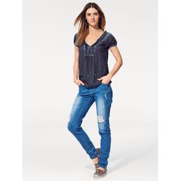 V-Shirt Heine "V-Shirt", Damen, Gr. 34, blau, 50% Baumwolle, 50% Polyester, Besatz:100% Viskose, unifarben, V-Ausschnitt, Shirts