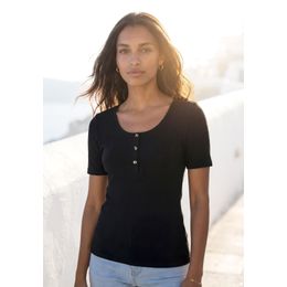 T-Shirt Lascana "mit kurzer Knopfleiste", Damen, Gr. 32/34, schwarz, Rippware, Obermaterial: 95% Viskose, 5% Elasthan, unifarben, bequem normal, Rundhals, Shirts T-Shirt, aus luftiger Viskose-Ripp-Qualit&auml;t