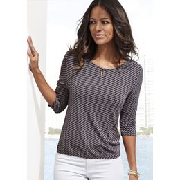 Rundhalsshirt Vivance "mit goldfarbenem Zierknopf am Ausschnitt", Damen, Gr. 32/34, blau (navy), Obermaterial: 95% Viskose (LENZING&trade; ECOVERO&trade;), 5% Elasthan, bedruckt, figurumspielend normal, Rundhals, Shirts Rundhalsshirt, aus luftigem Viskose-Stretch