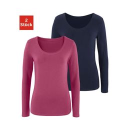 Langarmshirt Vivance "aus elastischer Baumwoll-Qualit&auml;t", Damen, Gr. 32/34, transparent (beere, navy), Single Jersey, Obermaterial: 95% Baumwolle, 5% Elasthan, unifarben, Basic, bequem normal, tiefer Rundhals, Shirts Langarmshirt, sommerliches Langarmshirt