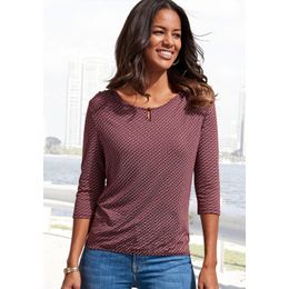 Rundhalsshirt Vivance "mit goldfarbenem Zierknopf am Ausschnitt", Damen, Gr. 32/34, lila (beere), Obermaterial: 95% Viskose (LENZING&trade; ECOVERO&trade;), 5% Elasthan, bedruckt, figurumspielend normal, Rundhals, Shirts Rundhalsshirt, aus luftigem Viskose-Stretch