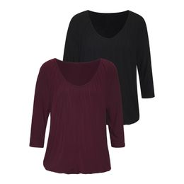 3/4-Arm-Shirt Lascana "mit zarter Raffung am Ausschnitt", Damen, Gr. 32/34, lila (aubergine, schwarz), Jersey, Obermaterial: 95% Viskose (LENZING&trade; ECOVERO&trade;), 5% Elasthan, unifarben, Basic, figurumspielend normal, V-Ausschnitt, angeschnitten, Shirts 3/4-Arm-Shirt, aus luftigem Viskose-Stretch