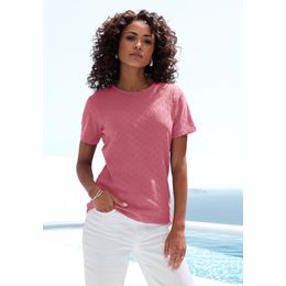 Kurzarmshirt Vivance "mit sommerlichem Ajour-Muster", Damen, Gr. 32/34, lila (beere), Feinstrick, Obermaterial: 60% Baumwolle, 40% Polyester, figurumspielend, Rundhals, Shirts, aus luftiger Baumwoll-Qualit&auml;t