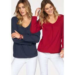 Langarmshirt Flashlights, Damen, Gr. 36/38, bunt (rot, marine), Jersey, Obermaterial: 95% Viskose, 5% Elasthan, clean, unifarben, Basic, figurbetont h&uuml;ftbedeckend, Shirts Langarmshirt, figurbetonter Schnitt, h&uuml;ftbedeckende L&auml;nge, unifarben