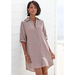 Beach Time Longbluse BEACHTIME, Damen, Gr. 34, beige (taupe), Web, Obermaterial: 100% Baumwolle, unifarben, figurumspielend ca. Mitte Oberschenkel, Blusen Longbluse, lange Hemdbluse aus Musselinware