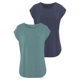 Longshirt Lascana "mit stark gerundetem Saum", Damen, Gr. 32/34, bunt (mint, navy), Single Jersey, Obermaterial: 95% Viskose (LENZING&trade; ECOVERO&trade;), 5% Elasthan, unifarben, Basic, bequem Po-bedeckend, Rundhals, angeschnitten normaler Saum, Shirts Longshirt, Sommertop aus luftigem Viskose-Stretch