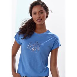 T-Shirt Vivance "mit goldenfarben schimmerndem Folienprint", Damen, Gr. 32/34, blau (blau bedruckt), Jersey, Obermaterial: 100% Baumwolle, bedruckt, metallic, bequem normal, Rundhals, mit Aufschlag Aufschlag, Shirts T-Shirt, aus luftiger Baumwoll-Qualit&auml;t