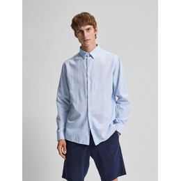 Langarmhemd Selected "SLHSLIMSUN LS SHIRT CLASSIC D", Herren, Gr. M, N-Gr, skyway detail:mixed with wei&szlig;, Web, Obermaterial: 71% Baumwolle, 29% Leinen, unifarben, slim fit normal, 1-Knopf-Manschette, Hemden