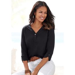 Blusenshirt Lascana "mit Knopfdetails", Damen, Gr. 32/34, schwarz, Single Jersey, Obermaterial: 65% Polyester (REPREVE), 35% Viskose, unifarben, figurumspielend normal, V-Ausschnitt, mit Knopf 1-Knopf-Manschette, Shirts Blusenshirt, Sommerblusenshirt aus luftiger Qualit&auml;t mit Viskose