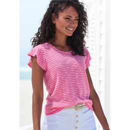 Rundhalsshirt Vivance "mit Streifenstruktur", Damen, Gr. 32/34, pink (pink, creme), Feinstrick, Obermaterial: 54% Polyester (REPREVE), 35% Baumwolle, 11% Viskose, gestreift, normal normal, Rundhals, Fl&uuml;gel&auml;rmel, Shirts Rundhalsshirt, aus luftiger Feinstrickqualit&auml;t