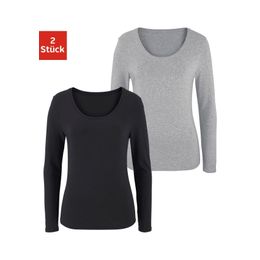 Langarmshirt Vivance "aus elastischer Baumwoll-Qualit&auml;t", Damen, Gr. 32/34, grau (grau, meliert, schwarz), Single Jersey, Obermaterial: 95% Baumwolle, 5% Elasthan, unifarben, Basic, bequem normal, tiefer Rundhals, Shirts Langarmshirt, sommerliches Langarmshirt