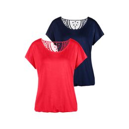 Kurzarmshirt Vivance "mit sommerlicher H&auml;kelspitze am R&uuml;cken", Damen, Gr. 32/34, bunt (rot, navy), Single Jersey, Obermaterial: 95% Viskose (LENZING&trade; ECOVERO&trade;), 5% Elasthan. Spitze: 100% Baumwolle, unifarben, bequem, Rundhals, angeschnitten, Shirts, aus luftigem Viskose-Stretch, Topseller