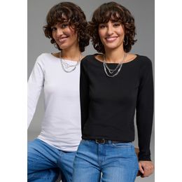 Langarmshirt Laura Scott, Damen, Gr. 40/42, wei&szlig;, schwarz, Jersey, Obermaterial: 95% Baumwolle, 5% Elasthan, Basic, figurbetont h&uuml;ftbedeckend, U-Boot-Ausschnitt, Shirts Langarmshirt, figurbetonte Passform, h&uuml;ftbedeckende L&auml;nge, U-Boot-Ausschnitt