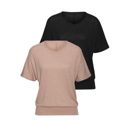 Kurzarmshirt Vivance "mit breitem Bund", Damen, Gr. 32/34, schwarz (beige, schwarz), Feinstrick, Obermaterial: 55% Polyester (REPREVE), 43% Viskose, 2% Elasthan, meliert, bequem normal, Rundhals, Shirts, aus luftigem Viskose-Feinstrick