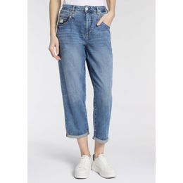 Straight-Jeans Herrlicher "Brooke Denim Light", Damen, Gr. 27, N-Gr, blau (sun faded), Denim/Jeans, Obermaterial: 98% Baumwolle, 2% Elasthan, loose fit kn&ouml;chelfrei, Jeans Straight-Jeans, krempelbar