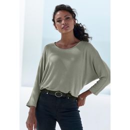 3/4-Arm-Shirt Lascana "aus luftiger Feinstrickqualit&auml;t", Damen, Gr. 32/34, gr&uuml;n (khaki), Feinstrick, Obermaterial: 50% Viskose (LENZING&trade; ECOVERO&trade;), 46% Polyester, 4% Elasthan, unifarben, l&auml;ssig geschnitten normal, Rundhals, Fledermaus&auml;rmel normaler Saum, Shirts 3/4-Arm-Shirt, mit Fledermaus&auml;rmeln, Topseller