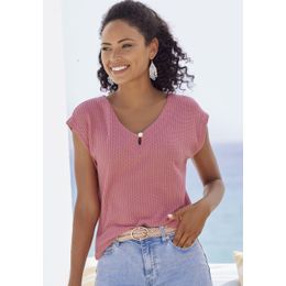 Kurzarmshirt Lascana "mit Zierperle", Damen, Gr. 32/34, transparent (beere, navy), Piqu&eacute;, Obermaterial: 69% Polyester (REPREVE), 28% Viskose, 3% Elasthan, unifarben, bequem normal, Rundhals, angeschnitten normaler Saum, Shirts, Sommershirts aus luftiger Piqu&eacute;-Qualit&auml;t, Topseller