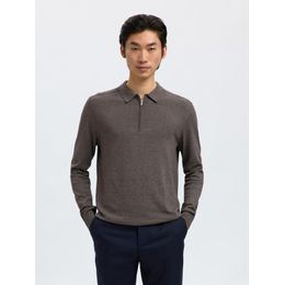 Polokragenpullover Selected "SLHBERG LS HALF ZIP POLO NOOS", Herren, Gr. XL, morel detail:twist, Strick, Obermaterial: 100% Baumwolle, unifarben, regular fit normal, Rundhals, Pullover