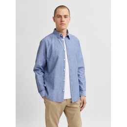 Langarmhemd Selected "SLHSLIMSUN LS SHIRT CLASSIC D", Herren, Gr. L, N-Gr, medium blau denim, Web, Obermaterial: 71% Baumwolle, 29% Leinen, unifarben, slim fit normal, 1-Knopf-Manschette, Hemden