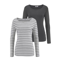 Langarmshirt Flashlights, Damen, Gr. 36/38 (S), bunt (grau, wei&szlig;, gestreift, anthrazit, meliert), Rippware, Obermaterial: 95% Baumwolle, 5% Viskose. Obermaterial Uni: 60% Baumwolle, 40% Polyester, gestreift, unifarben, Basic, figurbetont h&uuml;ftlang, Rundhals, Shirts Langarmshirt, sehr figurbetonter Schnitt, h&uuml;ftlange Form, Rundhalsausschnitt