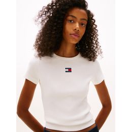 Kurzarmshirt Tommy Jeans "TJW SLIM BADGE RIB TEE", Damen, Gr. L (40), beige (ecru), Single Jersey, Obermaterial: 95% Baumwolle, 5% Elasthan, unifarben, slim fit normal, Rundhals, abgesteppt, Shirts, mit gerippter Struktur