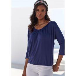 3/4-Arm-Shirt Lascana "mit zarter Raffung am Ausschnitt", Damen, Gr. 32/34, blau (navy), Jersey, Obermaterial: 95% Viskose (LENZING&trade; ECOVERO&trade;), 5% Elasthan, unifarben, Basic, figurumspielend normal, V-Ausschnitt, angeschnitten Umschlagsaum, Shirts 3/4-Arm-Shirt, aus luftigem Viskose-Stretch