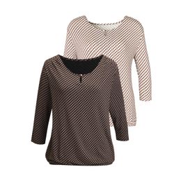Rundhalsshirt Vivance "mit goldfarbenem Zierknopf am Ausschnitt", Damen, Gr. 32/34, bunt (wei&szlig;, schwarz), Obermaterial: 95% Viskose (LENZING&trade; ECOVERO&trade;), 5% Elasthan, bedruckt, figurumspielend normal, Rundhals, Shirts Rundhalsshirt, aus luftigem Viskose-Stretch