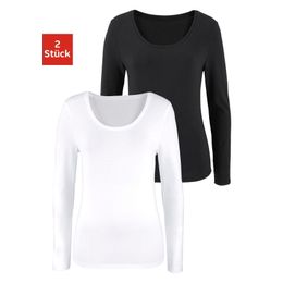 Langarmshirt Vivance "aus elastischer Baumwoll-Qualit&auml;t", Damen, Gr. 44/46, schwarz-wei&szlig; (schwarz, wei&szlig;), Single Jersey, Obermaterial: 95% Baumwolle, 5% Elasthan, unifarben, Basic, bequem normal, tiefer Rundhals, Shirts Langarmshirt, sommerliches Langarmshirt