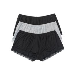 Boxer bonprix "Lockere Viskose Boxer (3er Pack)", Damen, Gr. 40/42 (M), 3 Stk., schwarz (schwarz, hellgrau meliert), Obermaterial: 95% Viskose, 5% Elasthan. Spitze: 84% Polyamid, 16% Elasthan, Unterhosen, mit Spitzenverzierung, aus Viskose mit Elasthan, 3er Pack