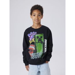 Sweatshirt name it "NKMDAI MINECRAFT NREG SWEAT BRU NOOS BFU", Jungen, Gr. 158/164, schwarz, angeraute Sweatware, Obermaterial: 60% Baumwolle, 40% Polyester, bedruckt, unifarben, Basic h&uuml;ftbedeckend, Rundhals, Rippb&uuml;ndchen, Sweatshirts Sweatshirt
