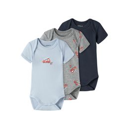 Kurzarmbody name it "NBMBODY 3P SS FIRETRUCK NOOS", Jungen, Gr. 62, N-Gr, grau melange, Feinripp, Obermaterial: 100% Baumwolle, bedruckt, unifarben, amerikanischer Ausschnitt, Bodys