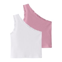 One-Shoulder-Top name it "NKFJABINA ONESHOULDER SHORT TOP 2P", M&auml;dchen, Gr. 122/128, hellwei&szlig; pack:pink drink, Jersey, Obermaterial: 95% Baumwolle, 5% Elasthan, unifarben, slim fit normal, ohne Ausschnitt, Tops, Baumwollmischung, slim fit