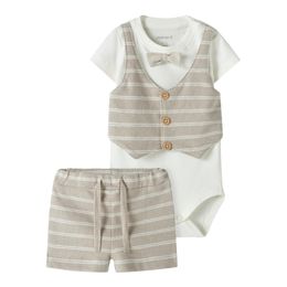 Kurzarmbody name it "NBMHELMUT SWEAT SHORTS SET", Jungen, Gr. 56, N-Gr, chateau gray, Jersey, Obermaterial: 93% Baumwolle, 4% Leinen, 3% Elasthan, gestreift, unifarben, regular fit kurz, Rundhals, Bodys, Baumwollmischung, regular fit