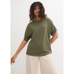 T-Shirt bonprix, Damen, Gr. 40/42 (M), gr&uuml;n (oliv), Obermaterial: 95% Viskose, 5% Elasthan, l&auml;ssig geschnitten, Shirts T-Shirt, l&auml;ssig geschnitten, Halbarm-Design, mit Raffung am &Auml;rmel