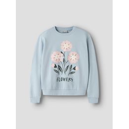 Sweatshirt name it "NKFVASACHA LS NREG SWEAT UNB", M&auml;dchen, Gr. 122/128, blau (subdued blau print:flowers), Sweatware, Obermaterial: 100% Baumwolle, bedruckt, regular fit normal, Rundhals, Rippb&uuml;ndchen, Sweatshirts Sweatshirt, Baumwolle, regular fit