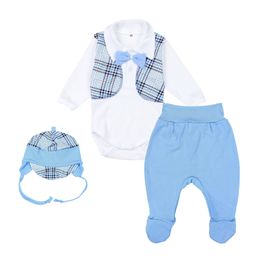Body TUPTAM "Set Baby Body Strampelhose M&uuml;tze Bekleidungsset", Jungen, Gr. 62, N-Gr, blau (blau, fliege, kariert), Obermaterial: 100% Baumwolle CO., Bodys Body