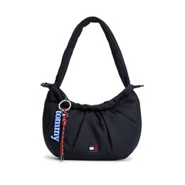 Schultertasche Tommy Jeans "TJW ICON CHARMS SHOULDER BAG", Damen, Gr. B/H/T: 28cm x 18cm x 8cm, schwarz, Textil, Taschen Schultertasche, Damen Handtasche, Umh&auml;ngetasche mit modischen Raffungen