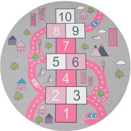 Kinderteppich Paco Home "Bino 569", pink, H:4mm &Oslash;:200cm, Polyester, Teppiche, Kinderteppich, Kurzflor, Stra&szlig;en-Spiel-Teppich & Spielmotiv H&uuml;pfk&auml;stchen
