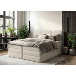 Mid.you Boxspringbett, Creme, Kunststoff, H2 + H3, H&ouml;he ca. 19 cm, 160x200 cm, Bettkasten, gepolstertes Kopfteil, Topper durchgehend, Wendematratze mit unterschiedlichen H&auml;rtegraden, Matratze geteilt, Schlafzimmer, Betten, Doppelbetten