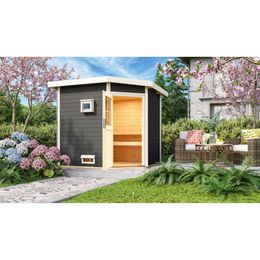 Karibu Saunahaus 'Mikka' terragrau mit klassischer T&uuml;r 9 kW Ofen externe Steuerung Easy 231 x 196 x 226 cm