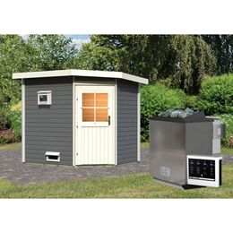 Karibu Saunahaus 'Mikka' terragrau mit klassischer T&uuml;r 9 kW Bio-Ofen externe Steuerung Easy 231 x 196 x 226 cm