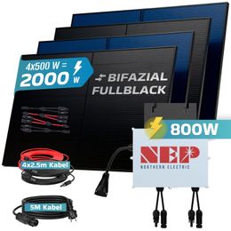 SUNNIVA&reg; 2000W Balkonkraftwerk BIFAZIAL FULLBLACK komplett Steckdose NEP BDM-800 800 Watt Wechselrichter, Solaranlage Komplettset, 4x 500W N-Type Glas Bifacial Solarmodule, 5m Kabel