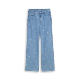 Tom Tailor Denim Damen TTLINOU WIDE Jeans mit Blumen-Stickerei, blau, Gemustert, Gr. L/32