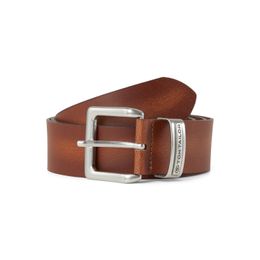 Tom Tailor Herren TTTOM Lederg&uuml;rtel mit eckiger Dornschlie&szlig;e, braun, Logo Print, Gr. 80