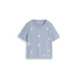 Tom Tailor Denim Damen Loose Fit T-Shirt mit H&auml;kelblumen-Applikationen, blau, Uni, Gr. XXL