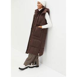 bonprix Wattierte Steppweste mit abnehmbarer Kapuze, braun, Gr.52, Lange Steppweste mit aufgesetzten Taschen