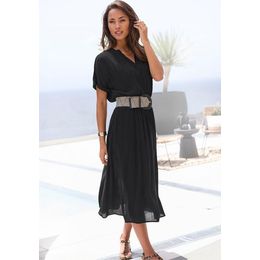Buffalo Midikleid 'mit Smokbund in der Taille aus gekreppter Webware' schwarz Gr. 42 f&uuml;r Damen. Mit Rundhals. Figurumspielend. Nachhaltig.