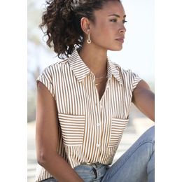 Kurzarmbluse Vivance, Damen, Gr. 34, beige (creme, sand gestreift), Web, Obermaterial: 52% Viskose, 48% Polyester, gestreift, figurumspielend h&uuml;ftlang, angeschnitten, Blusen, aus b&uuml;gelfreier Strukturware, Damenbluse mit Streifenmuster